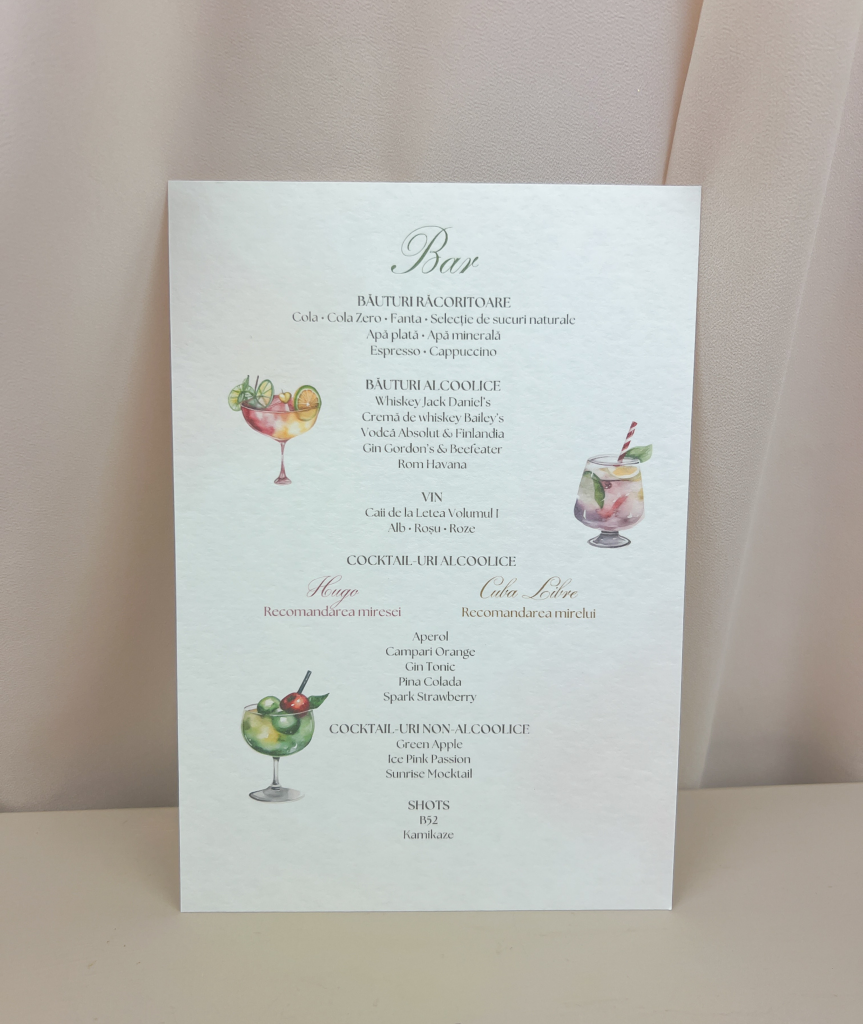 Meniu pentru bar - Diaphan Stationery & Events